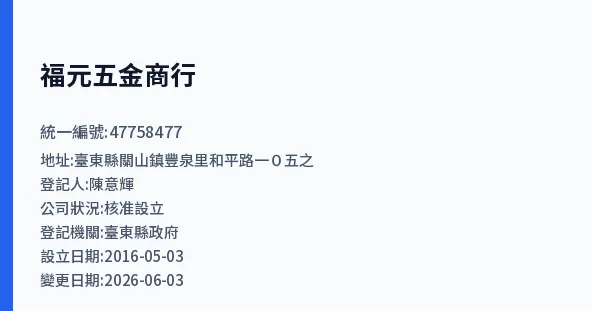 福元五金商行的照片-統編 47758477(臺東縣) 公司登記資料與營業項目詳細圖表