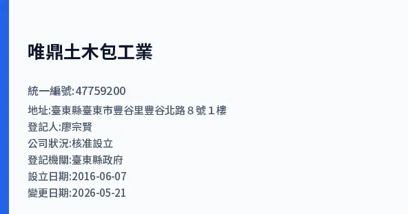唯鼎土木包工業的照片-統編 47759200(臺東縣) 公司登記資料與營業項目詳細圖表