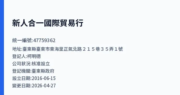 新人合一國際貿易行的照片-統編 47759362(臺東縣) 公司登記資料與營業項目詳細圖表