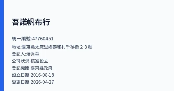 吾諾帆布行的照片-統編 47760451(臺東縣) 公司登記資料與營業項目詳細圖表