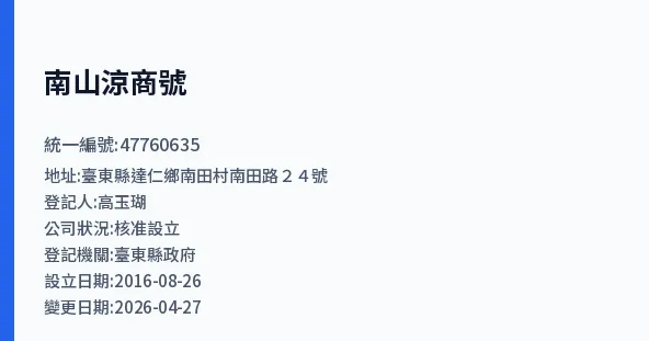 南山涼商號的照片-統編 47760635(臺東縣) 公司登記資料與營業項目詳細圖表