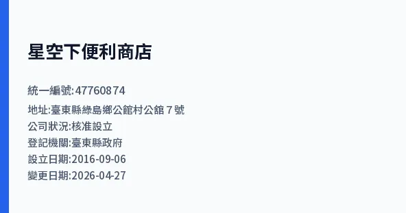 星空下便利商店的照片-統編 47760874(臺東縣) 公司登記資料與營業項目詳細圖表