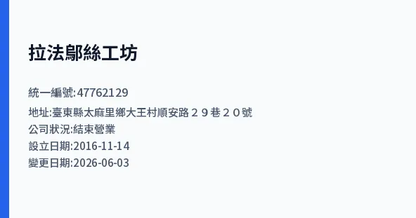 拉法鄔絲工坊的照片-統編 47762129(臺東縣) 公司登記資料與營業項目詳細圖表