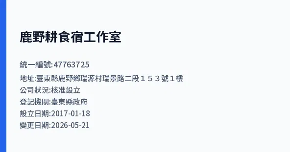 鹿野耕食宿工作室的照片-統編 47763725(臺東縣) 公司登記資料與營業項目詳細圖表