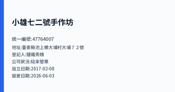 小雄七二號手作坊的照片-統編 47764007(臺東縣) 公司登記資料與營業項目詳細圖表