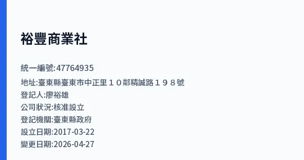 裕豐商業社的照片-統編 47764935(臺東縣) 公司登記資料與營業項目詳細圖表