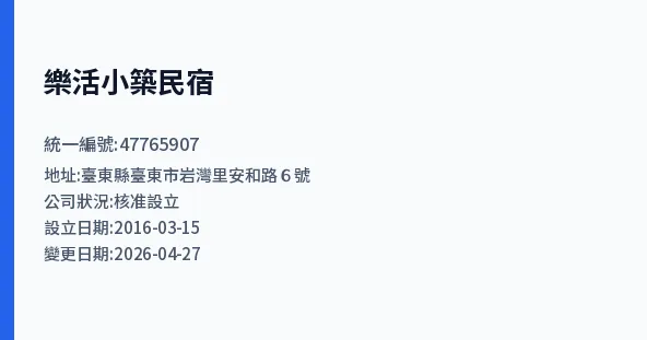 樂活小築民宿的照片-統編 47765907(臺東縣) 公司登記資料與營業項目詳細圖表