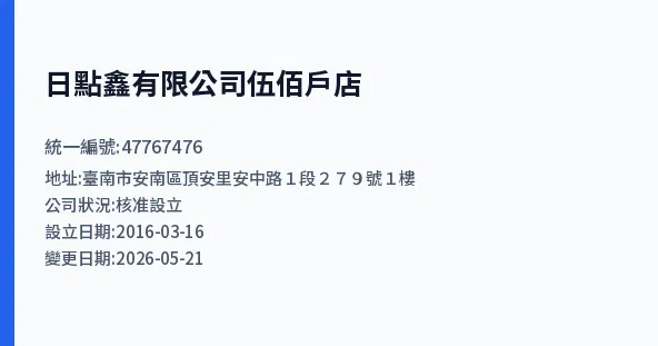 日點鑫有限公司伍佰戶店的照片-統編 47767476(臺南市) 公司登記資料與營業項目詳細圖表