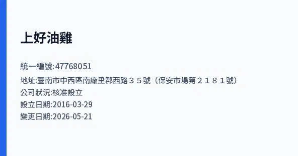 上好油雞的照片-統編 47768051(臺南市) 公司登記資料與營業項目詳細圖表