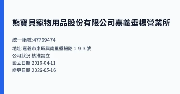 熊寶貝寵物用品股份有限公司嘉義垂楊營業所的照片-統編 47769474(嘉義市) 公司登記資料與營業項目詳細圖表