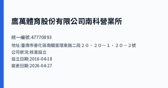 鷹萬體育股份有限公司南科營業所的照片-統編 47770893(臺南市) 公司登記資料與營業項目詳細圖表