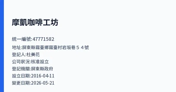 摩凱咖啡工坊的照片-統編 47771582(屏東縣) 公司登記資料與營業項目詳細圖表