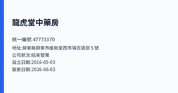 龍虎堂中藥房的照片-統編 47773370(屏東縣) 公司登記資料與營業項目詳細圖表