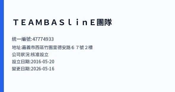 TEAM BASlinE團隊的照片-統編 47774933(嘉義市) 公司登記資料與營業項目詳細圖表
