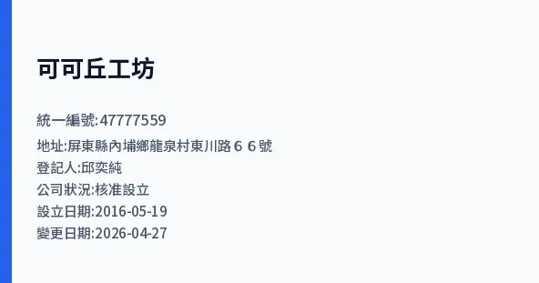 可可丘工坊的照片-統編 47777559(屏東縣) 公司登記資料與營業項目詳細圖表