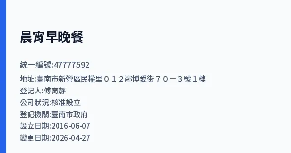 晨宵早晚餐的照片-統編 47777592(臺南市) 公司登記資料與營業項目詳細圖表