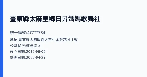 臺東縣太麻里鄉日昇媽媽歌舞社的照片-統編 47777734(臺東縣) 公司登記資料與營業項目詳細圖表