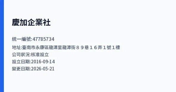 慶加企業社的照片-統編 47785734(臺南市) 公司登記資料與營業項目詳細圖表