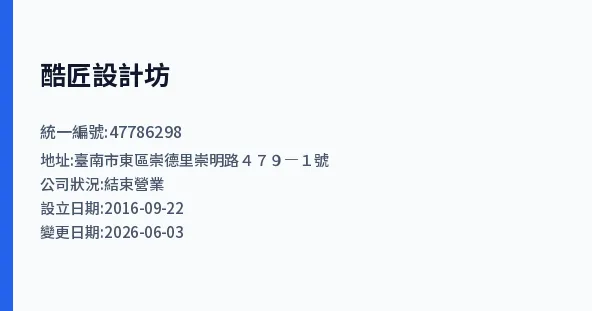 酷匠設計坊的照片-統編 47786298(臺南市) 公司登記資料與營業項目詳細圖表