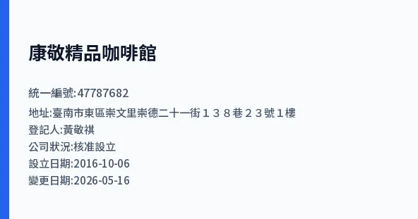 康敬精品咖啡館的照片-統編 47787682(臺南市) 公司登記資料與營業項目詳細圖表