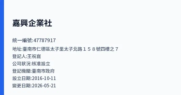 嘉興企業社的照片-統編 47787917(臺南市) 公司登記資料與營業項目詳細圖表