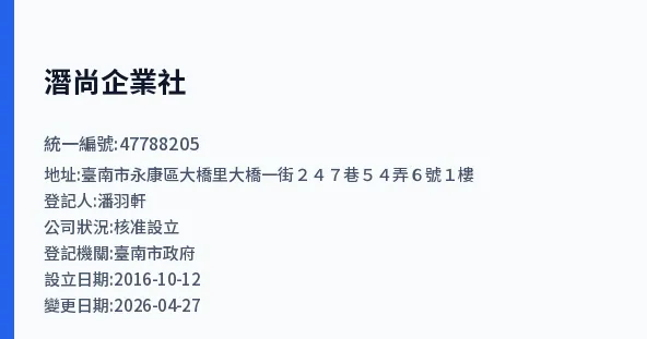 潛尚企業社的照片-統編 47788205(臺南市) 公司登記資料與營業項目詳細圖表