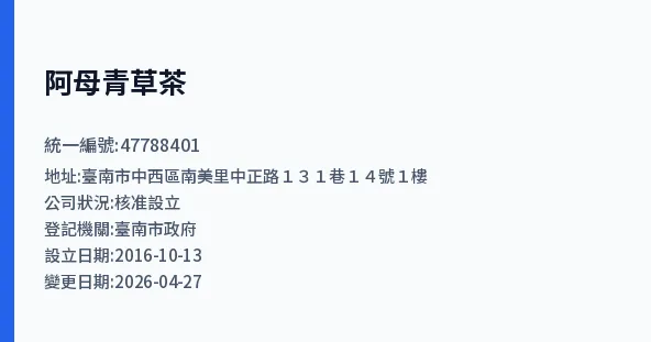阿母青草茶的照片-統編 47788401(臺南市) 公司登記資料與營業項目詳細圖表