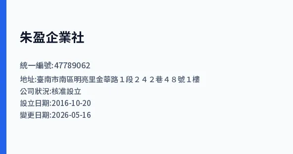 朱盈企業社的照片-統編 47789062(臺南市) 公司登記資料與營業項目詳細圖表