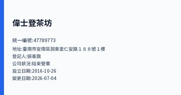 偉士登茶坊的照片-統編 47789773(臺南市) 公司登記資料與營業項目詳細圖表
