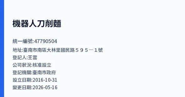 機器人刀削麵的照片-統編 47790504(臺南市) 公司登記資料與營業項目詳細圖表