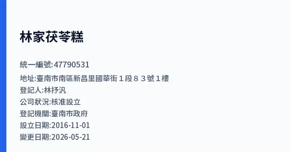 林家茯苓糕的照片-統編 47790531(臺南市) 公司登記資料與營業項目詳細圖表