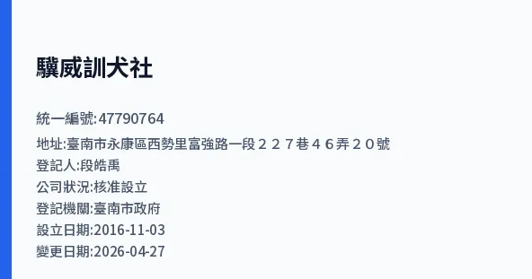 驥威訓犬社的照片-統編 47790764(臺南市) 公司登記資料與營業項目詳細圖表