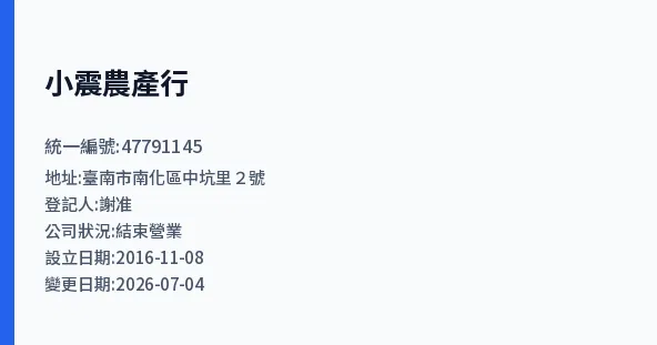 小震農產行的照片-統編 47791145(臺南市) 公司登記資料與營業項目詳細圖表