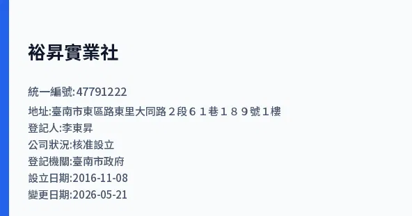 裕昇實業社的照片-統編 47791222(臺南市) 公司登記資料與營業項目詳細圖表