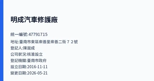 明成汽車修護廠的照片-統編 47791715(臺南市) 公司登記資料與營業項目詳細圖表