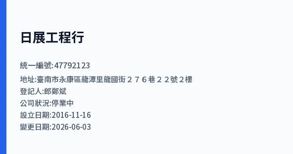 日展工程行的照片-統編 47792123(臺南市) 公司登記資料與營業項目詳細圖表