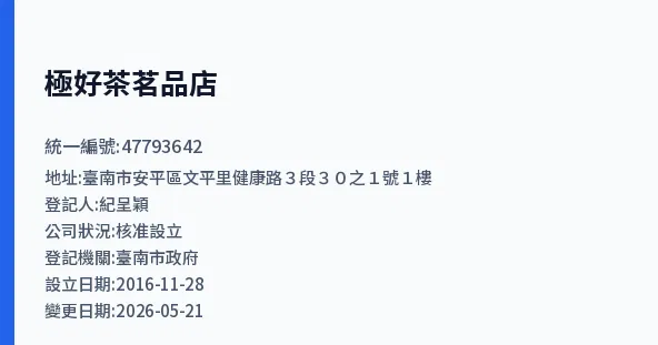 極好茶茗品店的照片-統編 47793642(臺南市) 公司登記資料與營業項目詳細圖表