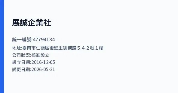展誠企業社的照片-統編 47794184(臺南市) 公司登記資料與營業項目詳細圖表