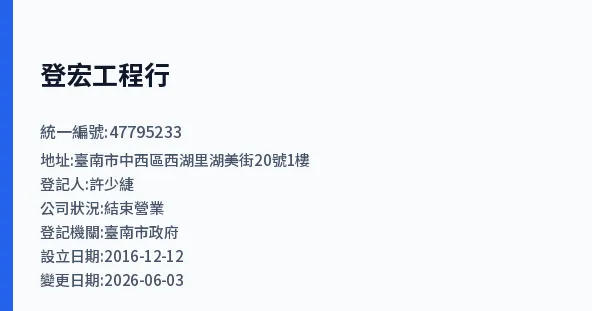 登宏工程行的照片-統編 47795233(臺南市) 公司登記資料與營業項目詳細圖表