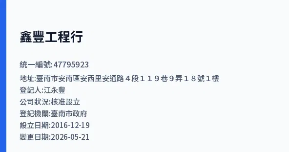 鑫豐工程行的照片-統編 47795923(臺南市) 公司登記資料與營業項目詳細圖表