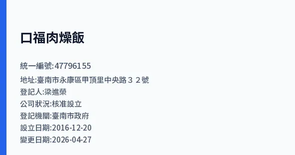 口福肉燥飯的照片-統編 47796155(臺南市) 公司登記資料與營業項目詳細圖表