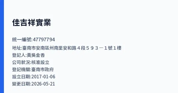 佳吉祥實業的照片-統編 47797794(臺南市) 公司登記資料與營業項目詳細圖表