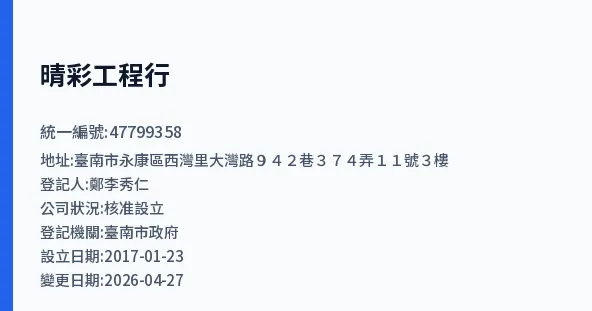 晴彩工程行的照片-統編 47799358(臺南市) 公司登記資料與營業項目詳細圖表
