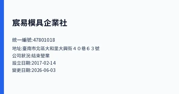 宸易模具企業社的照片-統編 47801018(臺南市) 公司登記資料與營業項目詳細圖表