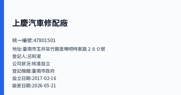 上慶汽車修配廠的照片-統編 47801501(臺南市) 公司登記資料與營業項目詳細圖表
