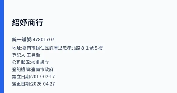 紹妤商行的照片-統編 47801707(臺南市) 公司登記資料與營業項目詳細圖表