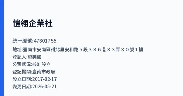愷翎企業社的照片-統編 47801755(臺南市) 公司登記資料與營業項目詳細圖表