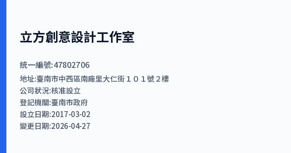 立方創意設計工作室的照片-統編 47802706(臺南市) 公司登記資料與營業項目詳細圖表