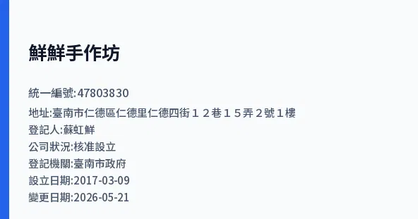 鮮鮮手作坊的照片-統編 47803830(臺南市) 公司登記資料與營業項目詳細圖表