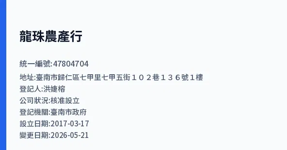 龍珠農產行的照片-統編 47804704(臺南市) 公司登記資料與營業項目詳細圖表
